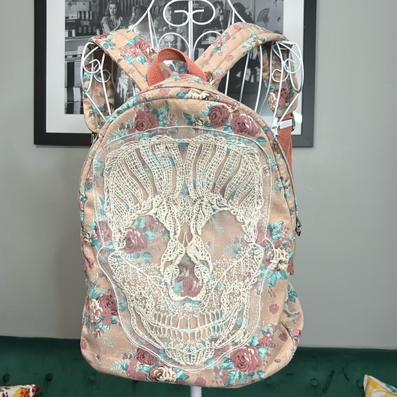 Bags | Skull And Floral Coral Backpack Nwot | Poshmark